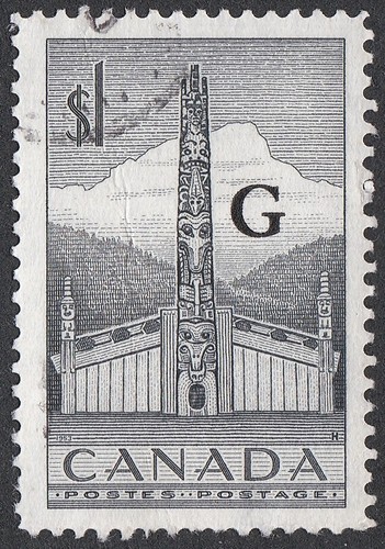 1953 CANADA LODGE & TOTEM POLE $1 OFFICIAL "G" STAMP, USED, Scott #O32 ...