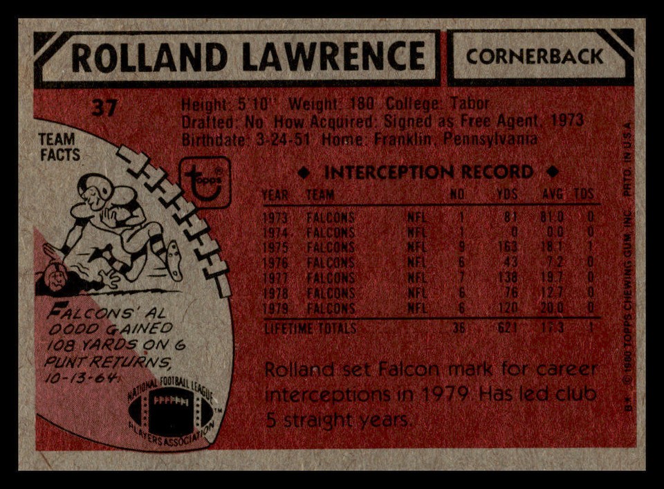 1980 Topps Rolland Lawrence #37 Atlanta Falcons | eBay