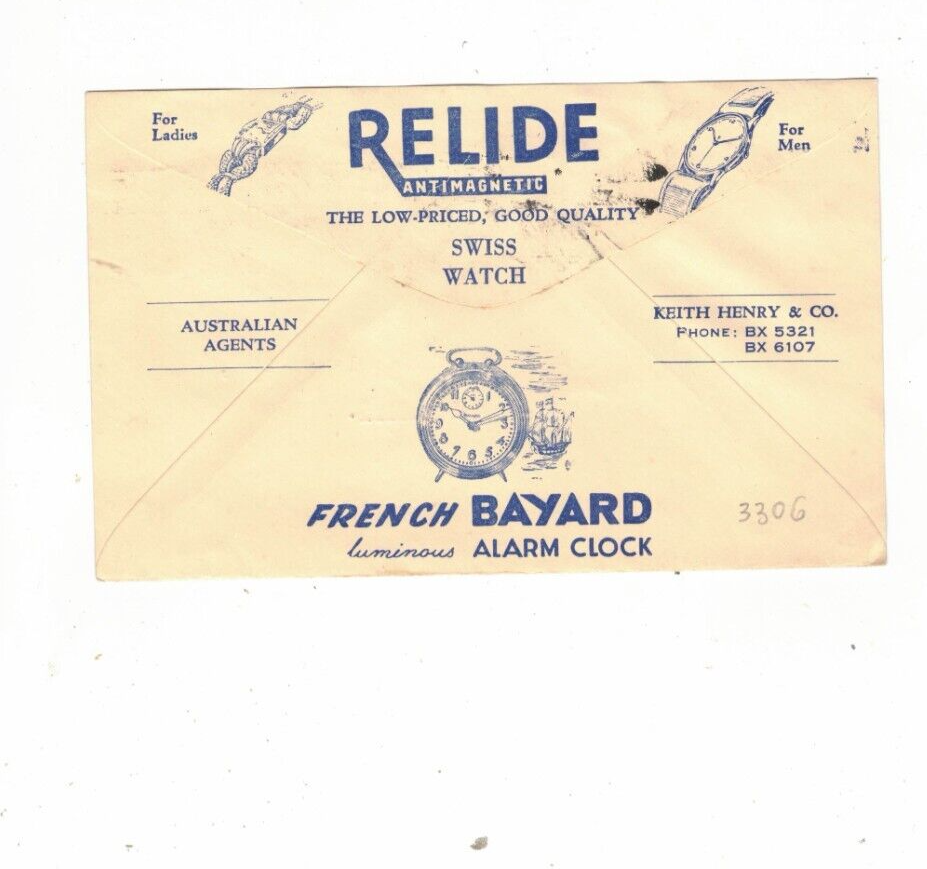 Australia 1953 2/- RELIDE SWISS WATCHES / KEITH HENRY & Co Cover,cds ...