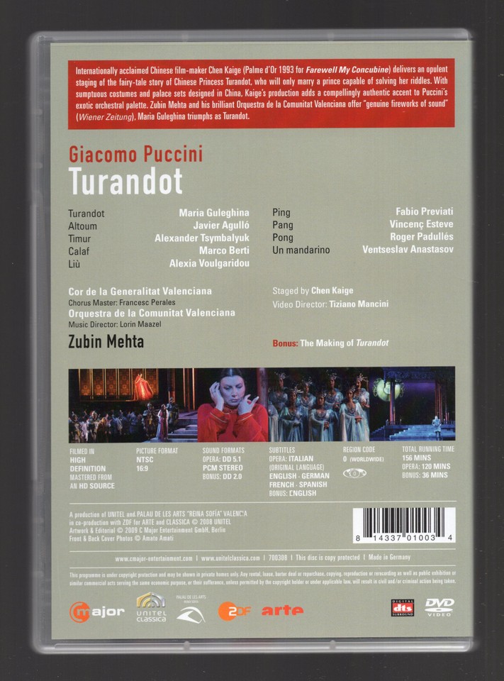 RARE DVD ★ Puccini : Turandot - Zubin Mehta ★ UNITEL CLASSICA Comme ...