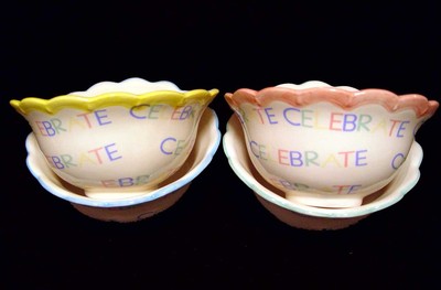 4 CELEBRATE Large Deep Scalloped Bowls Script Pastels Colorful NIB 4 ...