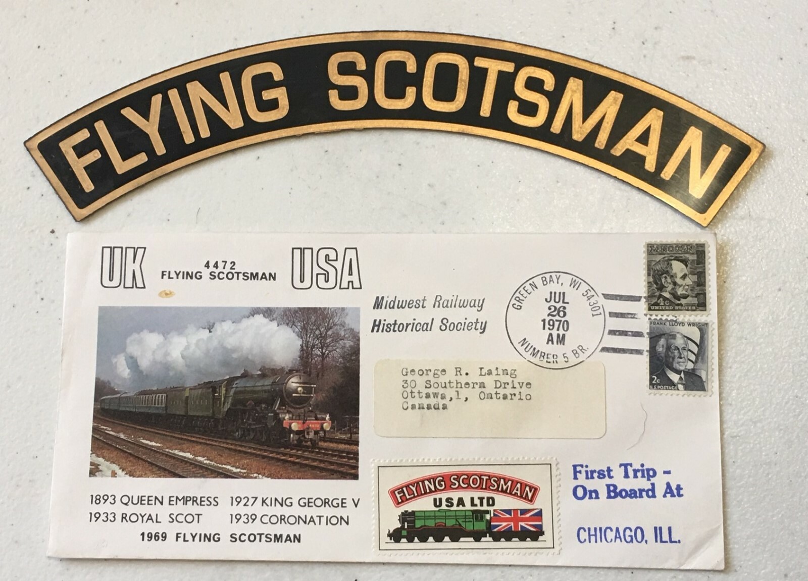 FLYING SCOTSMAN USA visit commemorative cover with Engine nameplate ...