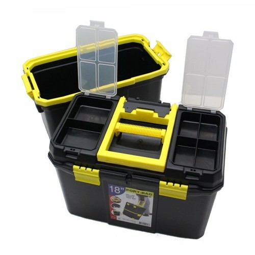 18" Double Mobile Tool Box Pull Along Trolley on Wheels Parts Organiser ...