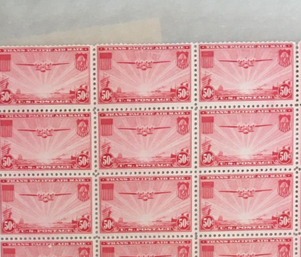 FULL MINT SHEET Of 50 STAMPS #C22 50 Cent Red Air Mail CHINA Clipper ...