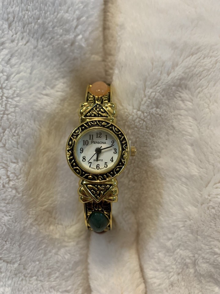 NEW PERSONA LADIES GOLD STONE CABOCHON STONE MOTHER OF PEARL FACE WATCH ...