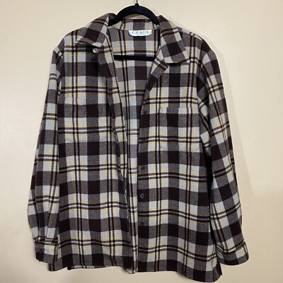 Chaus Sport Brown Yellow Plaid Wool Blend Blouse Flannel 14 Vintage ...