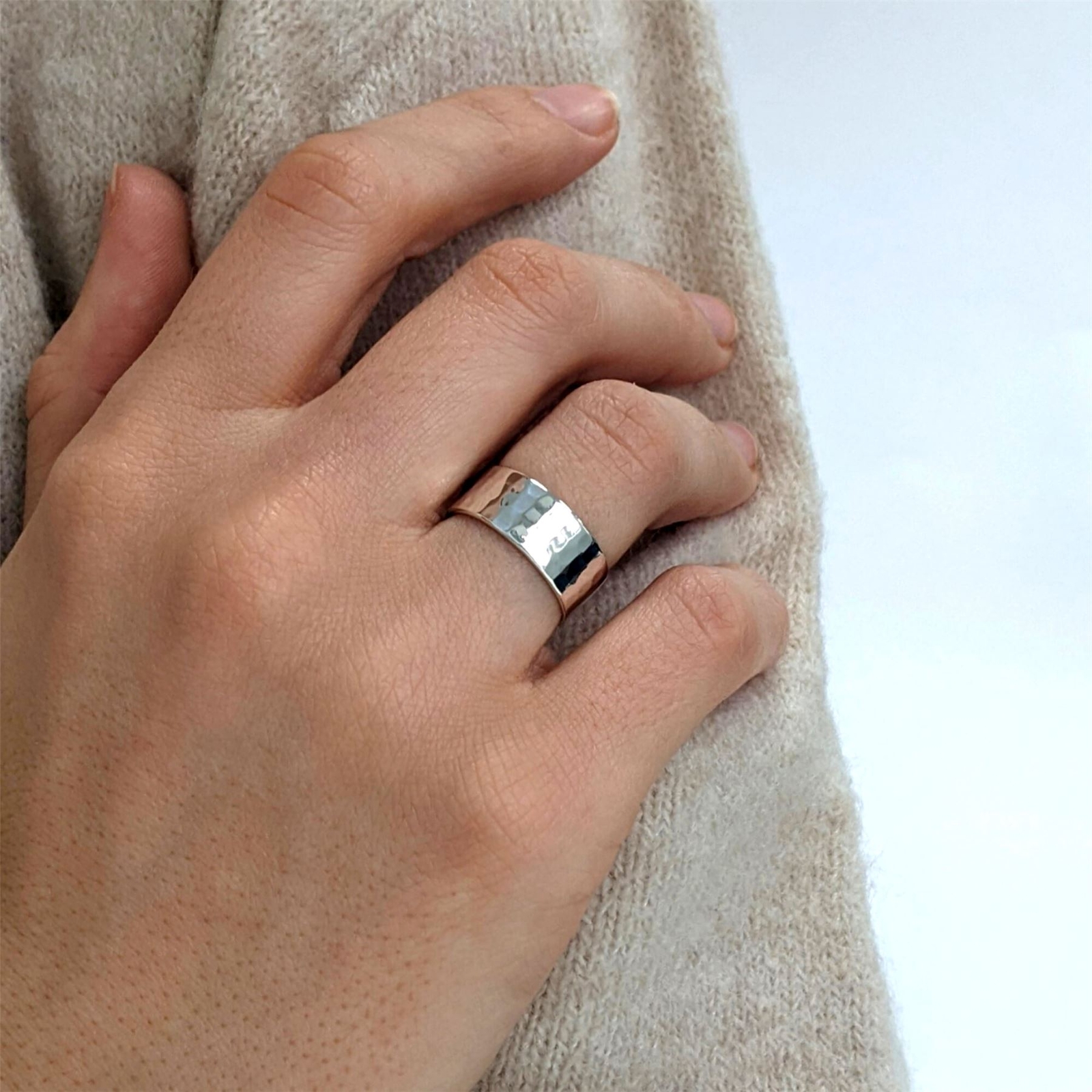 Sterling Silver Ring 925 Wide Hammered Chunky Flat Band Classic ...