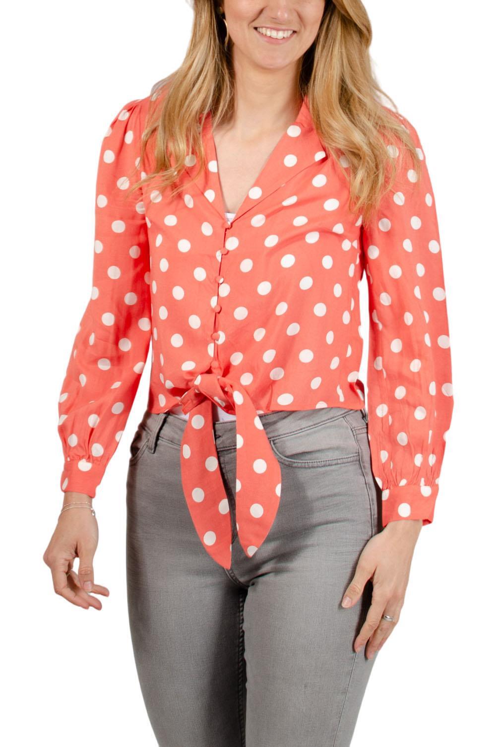Oasis Coral Red Polka Dot Blouse Tie Front Long Sleeve Revere Collar ...