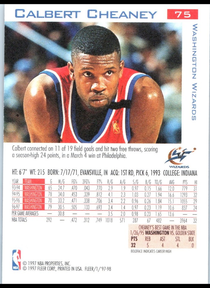 1997 Fleer #75 Calbert Cheaney Near Mint | eBay