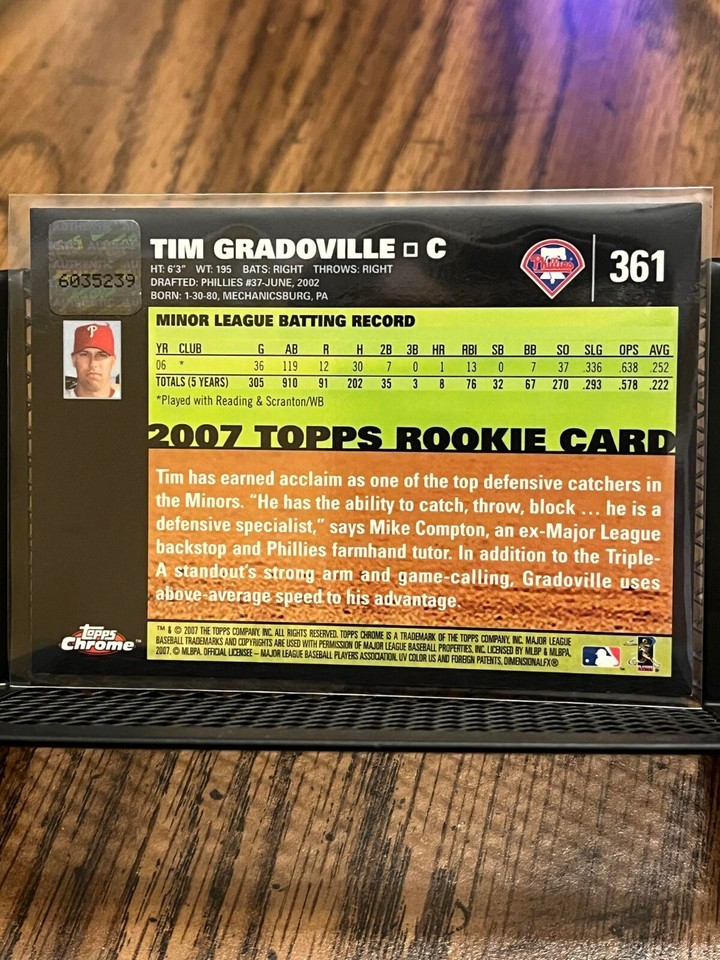 TIM GRADOVILLE 2007 TOPPS CHROME AUTOGRAPH REFRACTOR #361 ROOKIE AUTO ...