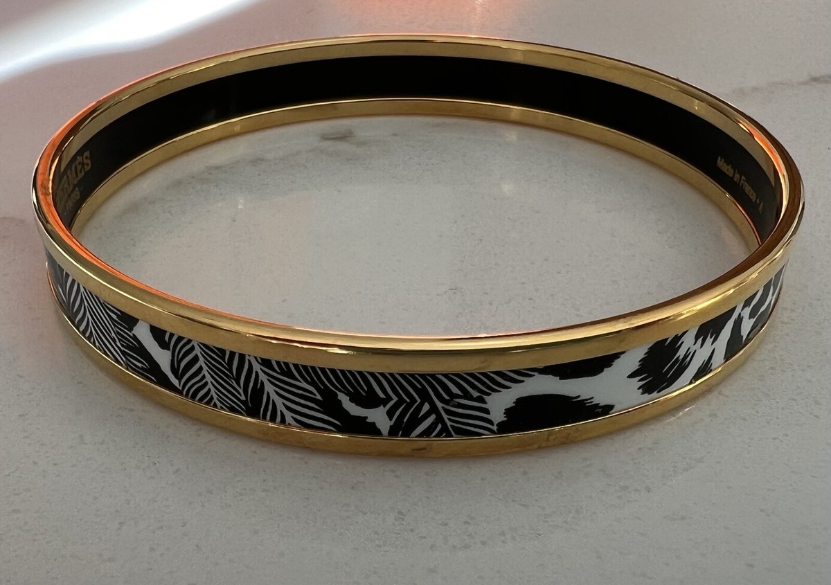 Auth HERMES Enamel Bracelet Bangle Narrow Black White Gold Auth HERMES Enamel Bracelet Bangle Narrow Black White Gold
