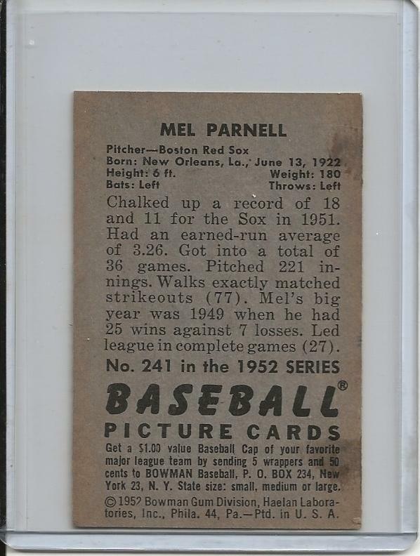1952 Bowman Color Baseball Card Mel Parnell Pitcher Boston Red Sox EX ...