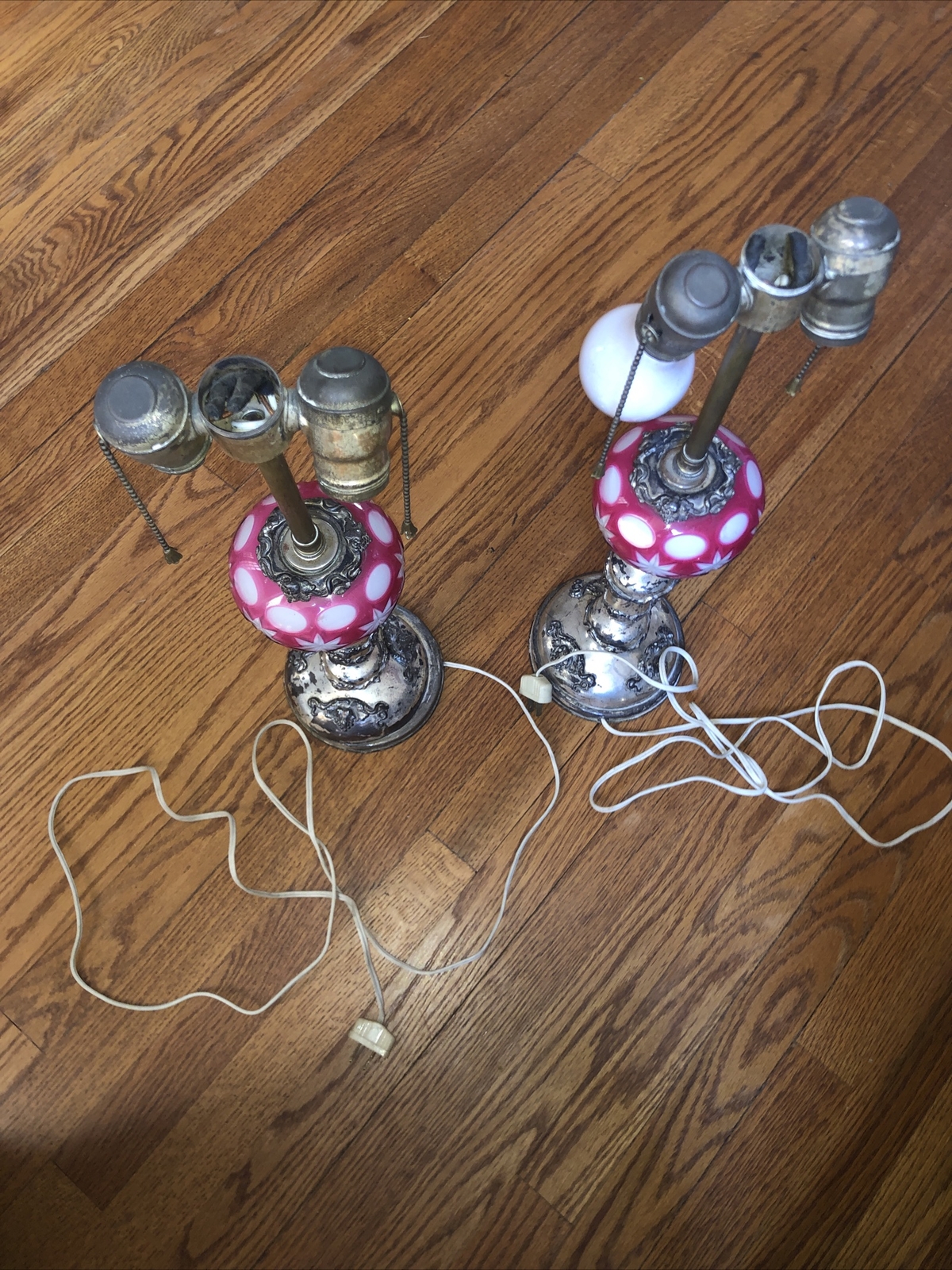 BOHEMIAN CZECH CRYSTAL CRANBERRY STARBURST table LAMP pair set antique ...