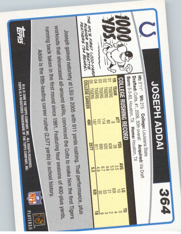 2006 Topps #364 Joseph Addai | eBay