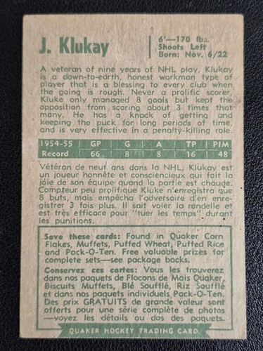 1955-56 Parkhurst Quaker Oats Joe Klukay #6 Toronto Maple Leafs | eBay