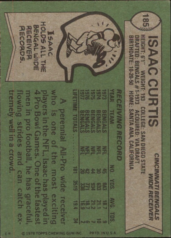 1978 Topps Football Card #185 Isaac Curtis - EX-MT | eBay