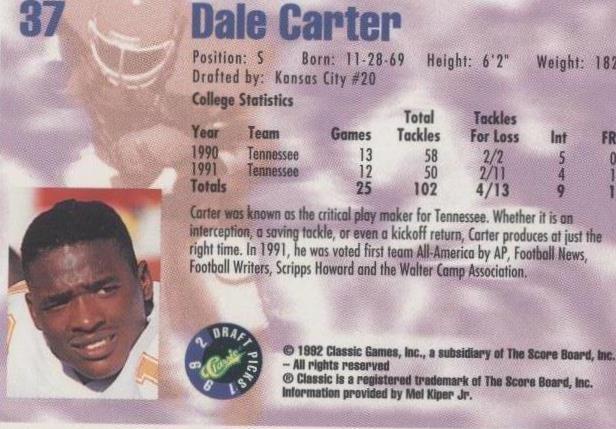 1992 Classic Draft Picks Dale Carter #37 for sale | eBay