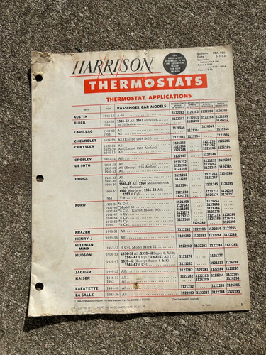VINTAGE 1953 HARRISON THERMOSTAT APPLICATION CHART GENERAL MOTORS GM ...