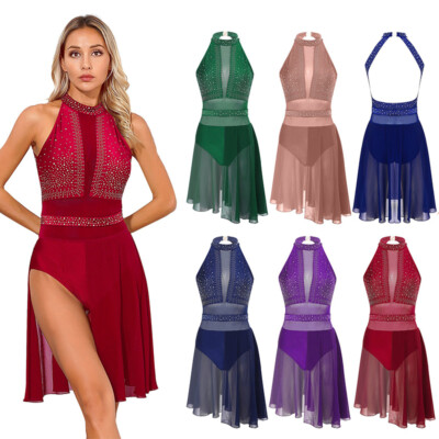 Womens Chiffon Skirt Stage Performance Leotard Dresses Backless Dance ...