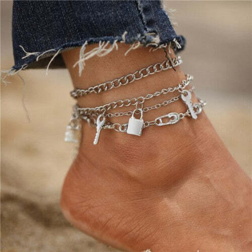 Silver Plated Anklet Layered Hanging Lock & Key Charm Bracelet Foot For ...