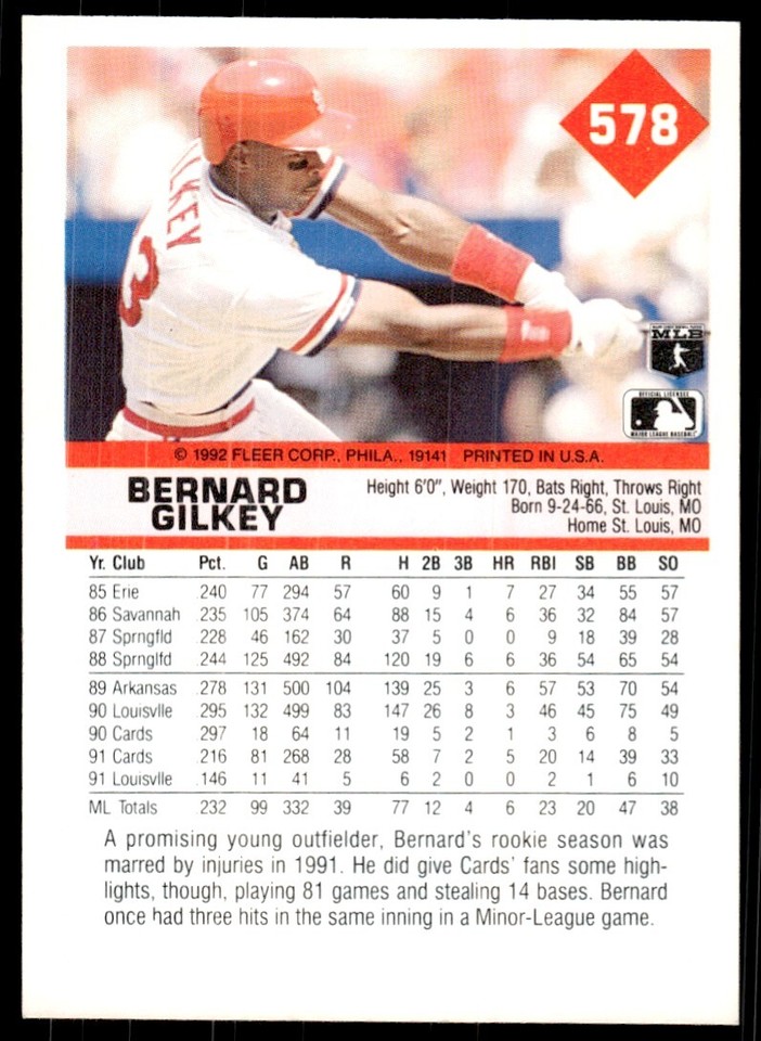 1992 Fleer Baseball Card Bernard Gilkey St. Louis Cardinals #578 | eBay