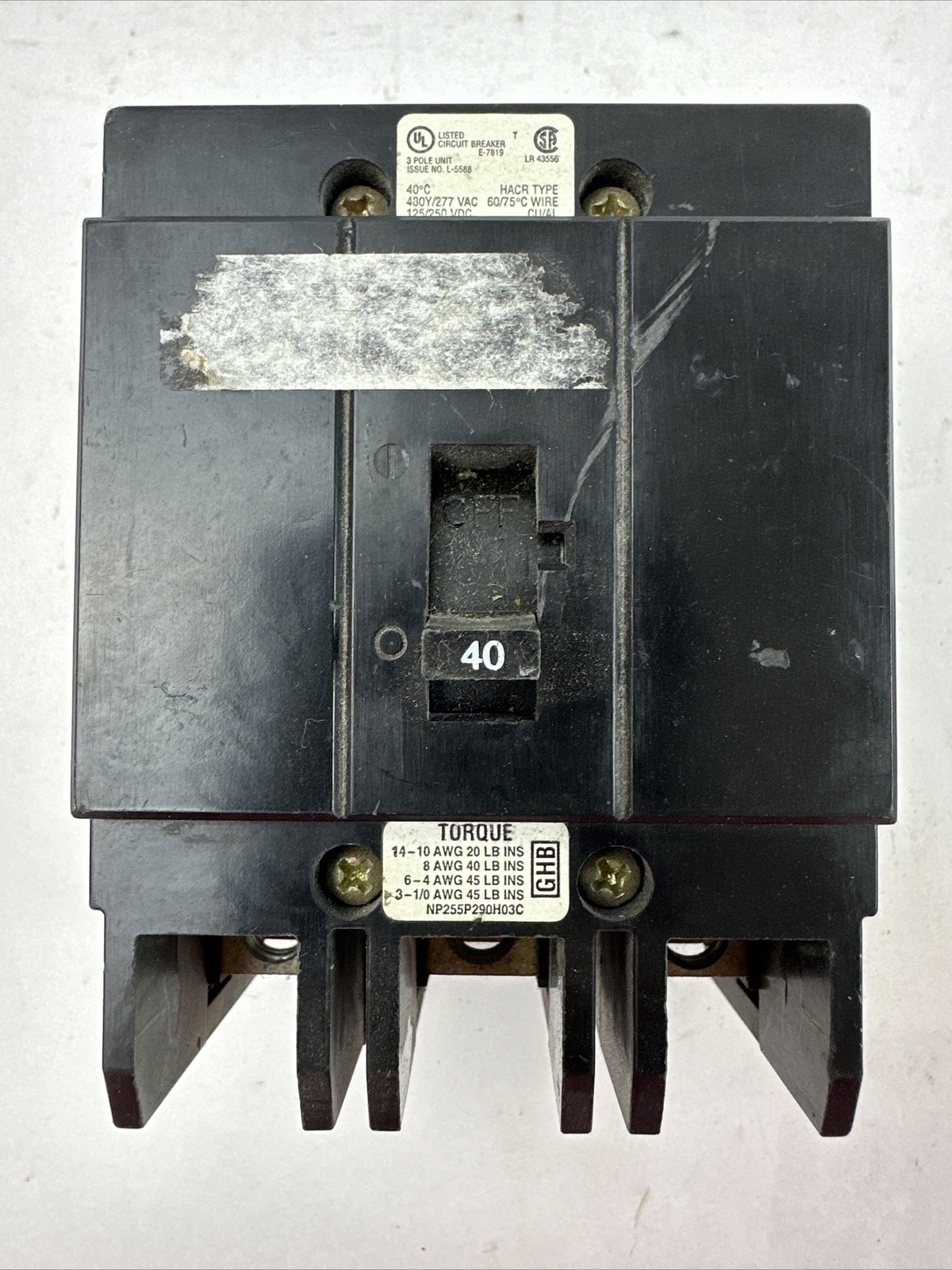 CUTLER HAMMER GHB3040 CIRCUIT BREAKER 3POLE 40AMP 277/480VAC 240VAC 125 ...