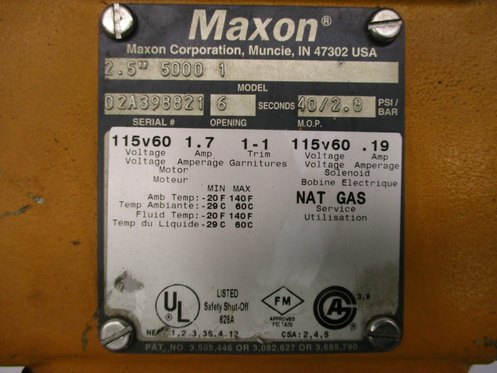 Maxon Corporation Model # 2.5" 5000 1 M.O.P. - 40/2.3 PSI/BAR A3130DH ...