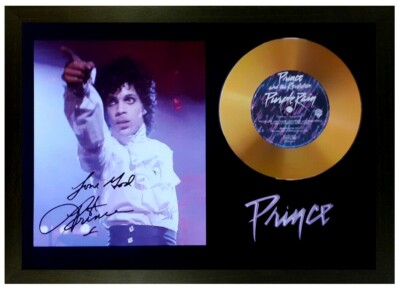 PRINCE SIGNED PHOTO AND 'PURPLE RAIN' GOLD DISC COLLECTABLE MEMORABILIA ...