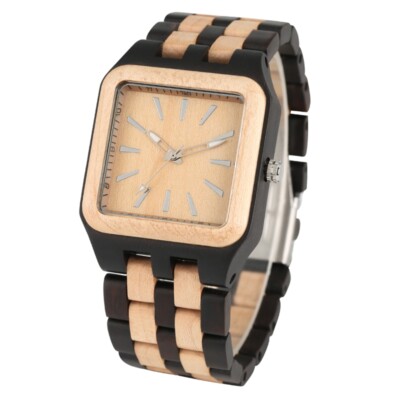 Square Ebony Maple Wooden Watch for Men Full Wood Strap Natural Men's ...