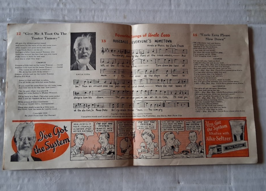 1936 Vtg Alka Seltzer Song Book Ad Miles Lab Hoosier Hot Shots Uncle ...
