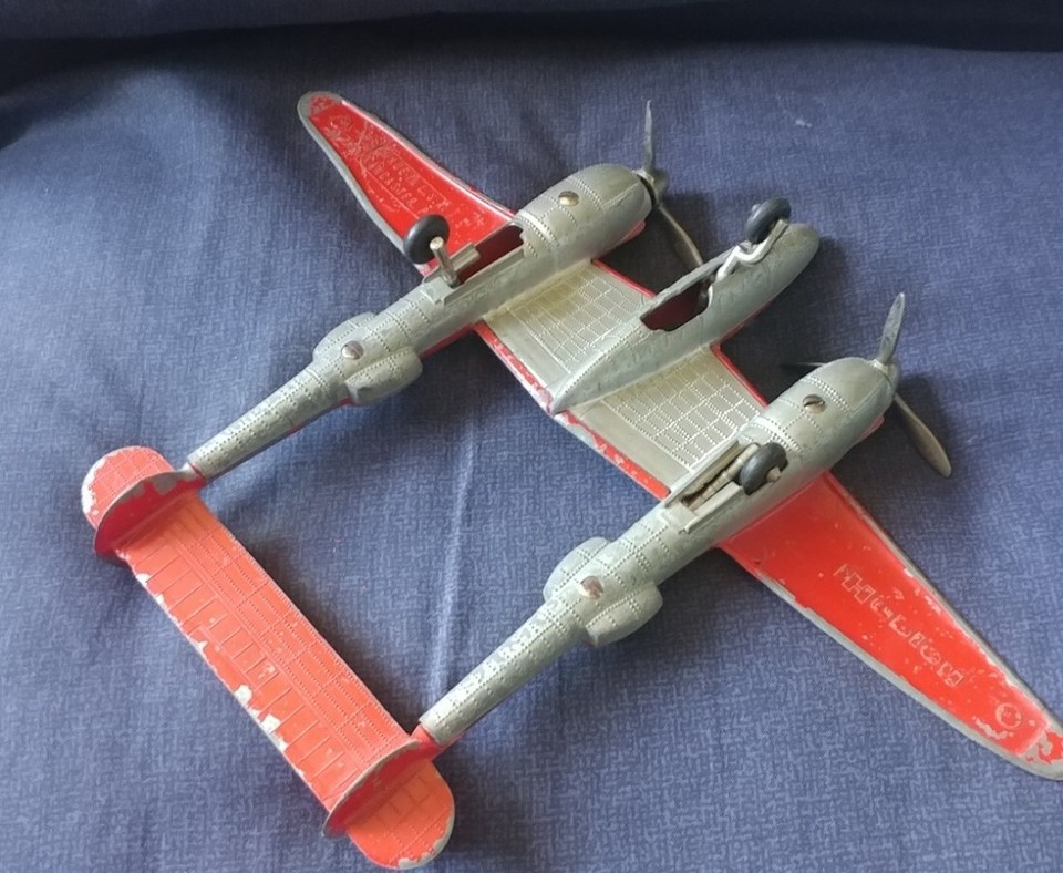 Vtg Hubley Toy Airplane Lockheed Cast Fold Down Wheels Double engine ...