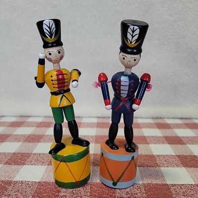 Vintage Wood Push Puppet Toy Soldiers Uniform Drum Collapsing Hand ...