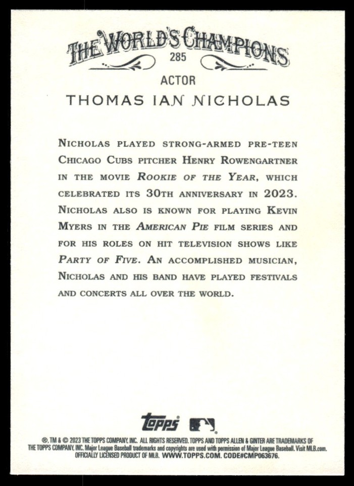 Thomas Ian Nicholas 2023 Topps Allen & Ginter Card Rookie of the Year ...