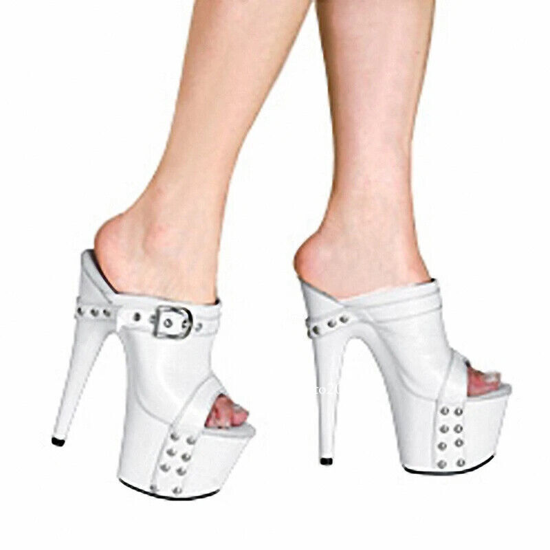 Women's 17CM High Heeled Slippers Platform Rivet Pumps Sandals Party ...