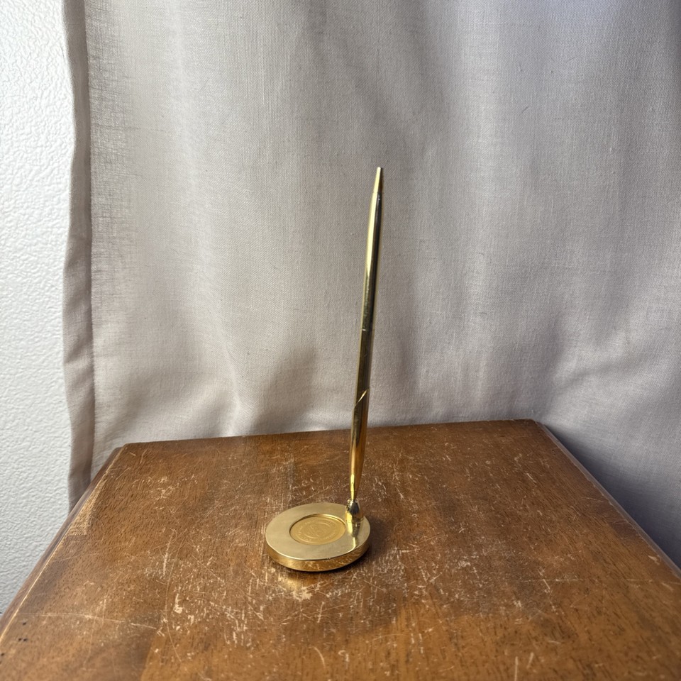BYU Gold Plated Desk Set Ballpoint Pen Stand Collector Office Alumni ...