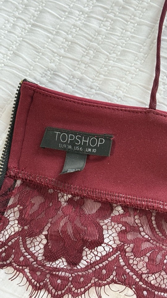 Topshop Burgundy Lace Bralet Size 10 Zip Back Spaghetti Strap Crop Top ...