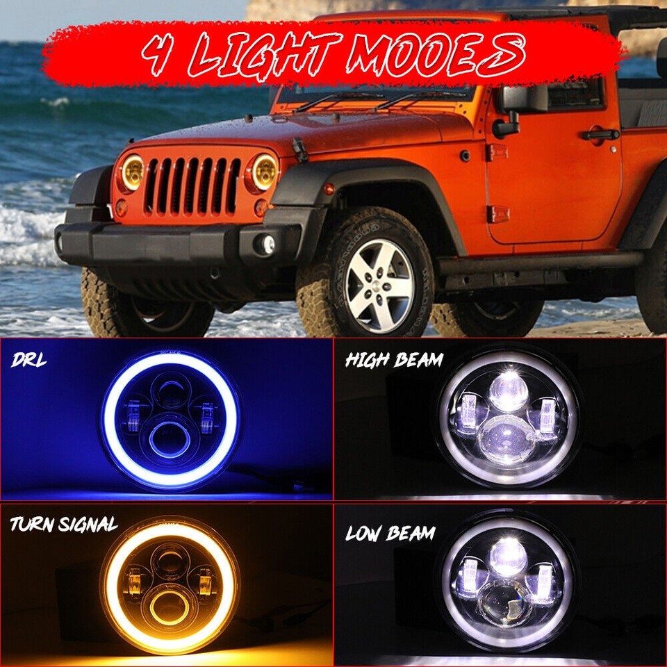 Pair 7 Inch Round LED Headlights Angle Eyes Halo Fit Jeep Wrangler JK ...