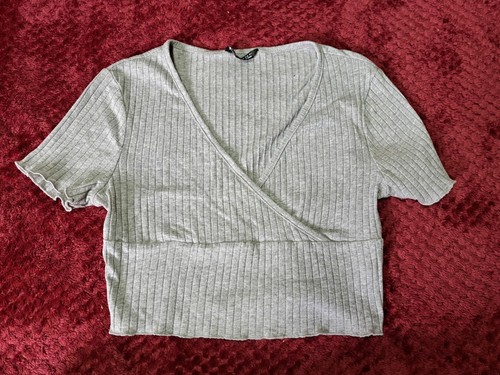 Shien Ladies Womens Wrap Style Cross Over Plunge Ribbed Top Grey Size ...