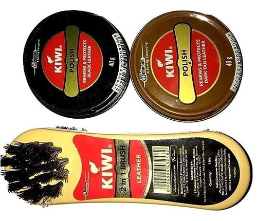 Kiwi Shoe Polish Paste Black & Dark Tan with Kiwi Leather Shine Brush ...