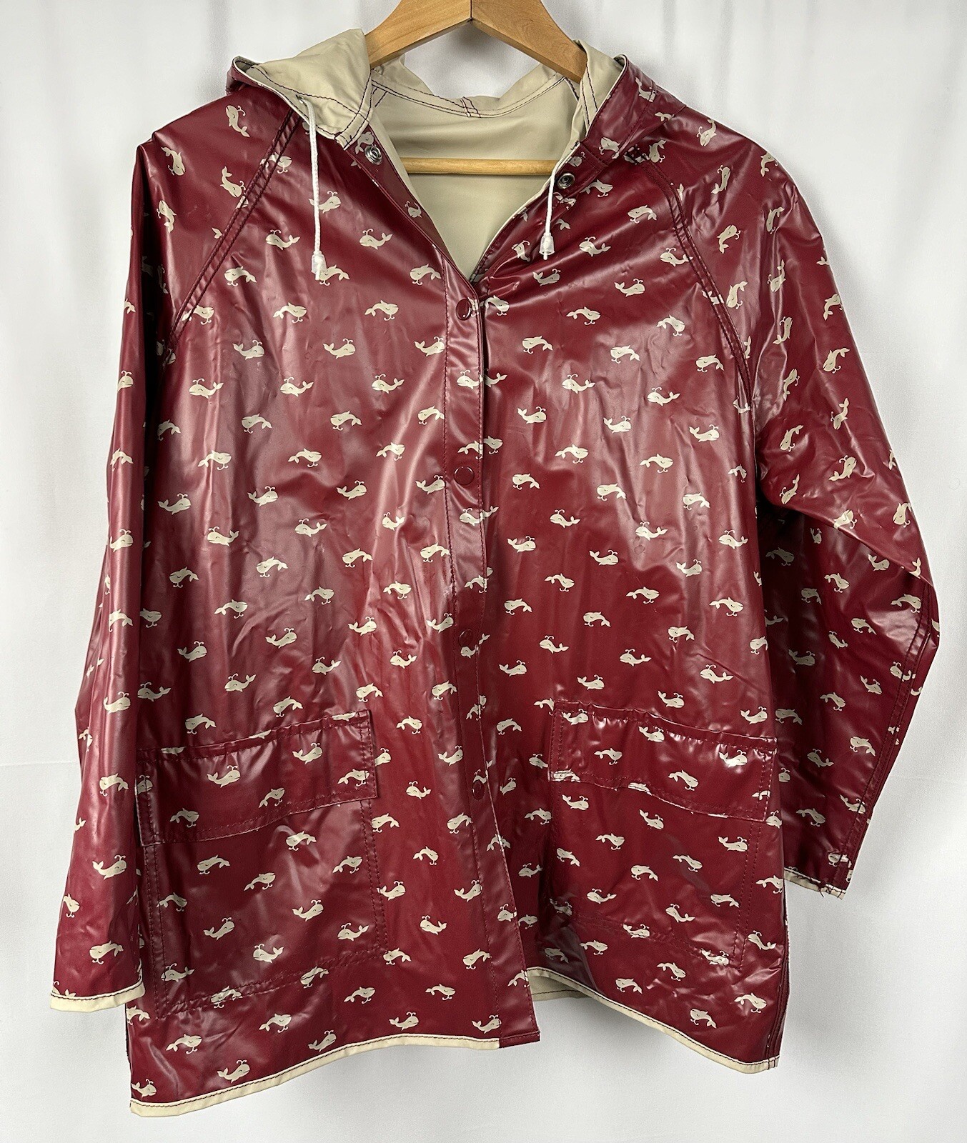 Vintage Reversible Rain Coat Snap Hood Red Tan Whales… - Gem