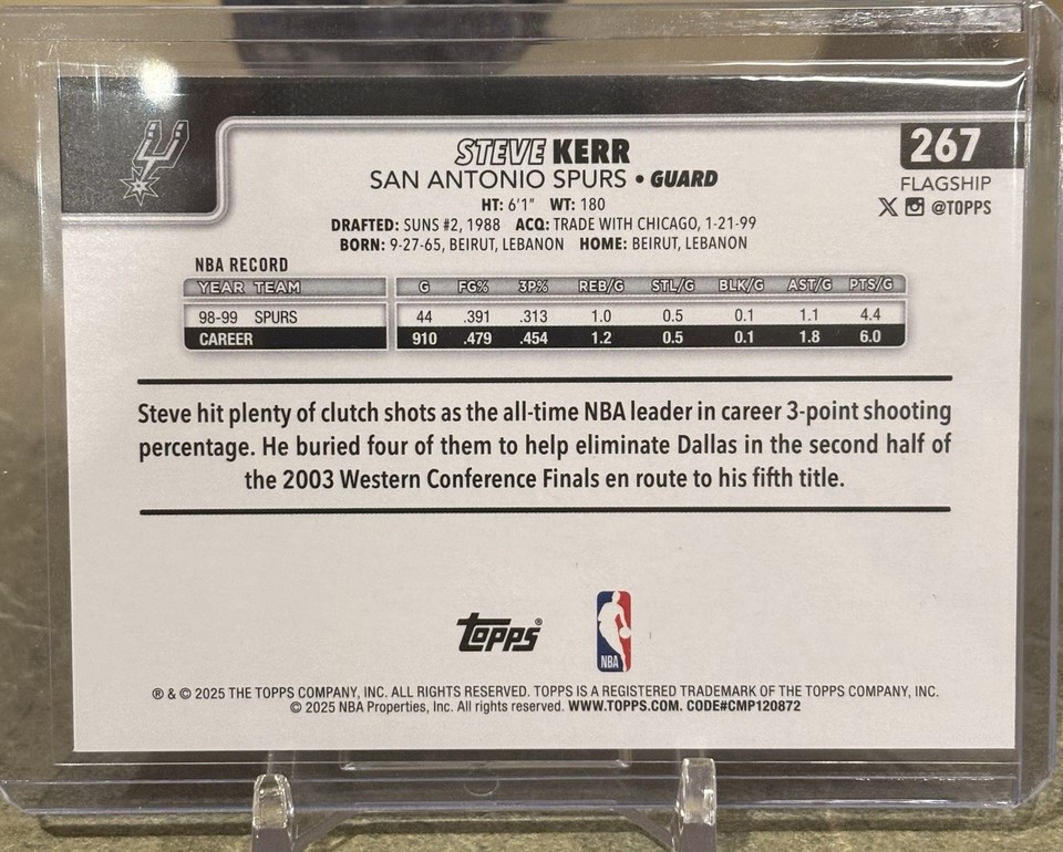 2025-26 Topps NBA Flagship Steve Kerr #267 Gold #/2025 San Antonio ...