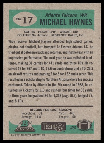 Michael Haynes 1991 Bowman #17 Atlanta Falcons | eBay