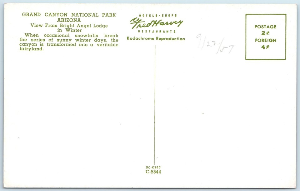 1955 Grand Canyon, Ariz Bright Angel Lodge Winter Fred Harvey ...