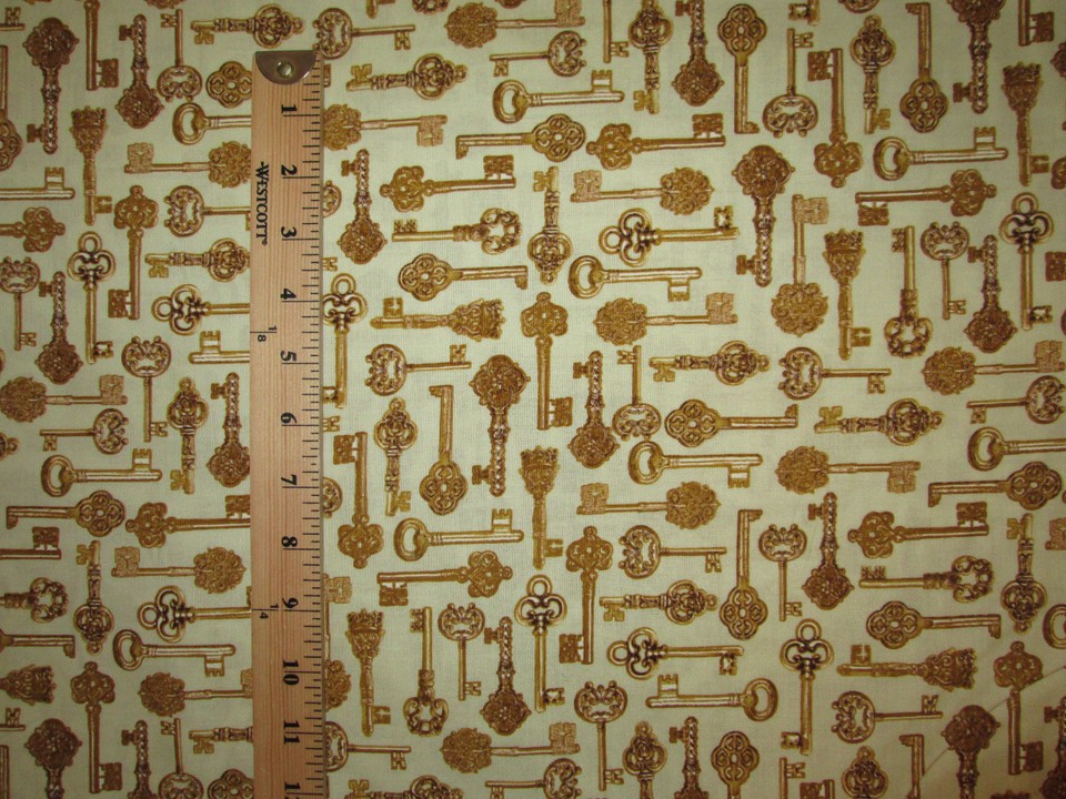 KEYS VINTAGE KEY GOLD VARIETY COTTON FABRIC FQ | eBay