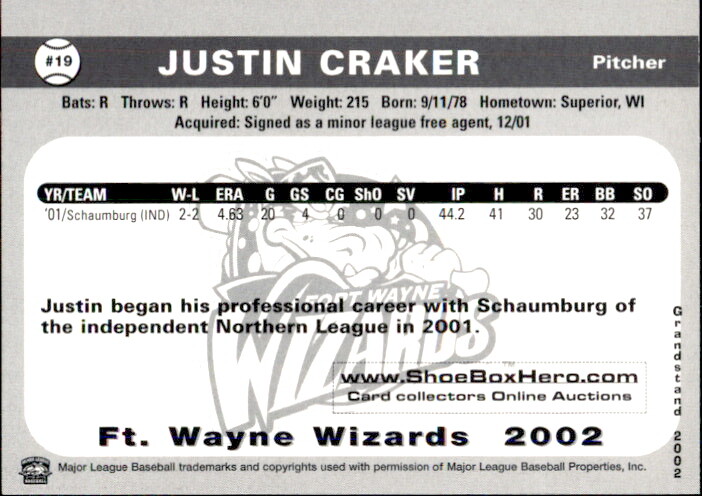 2002 Fort Wayne Wizards Grandstand #8 Justin Craker Superior Wisconsin ...