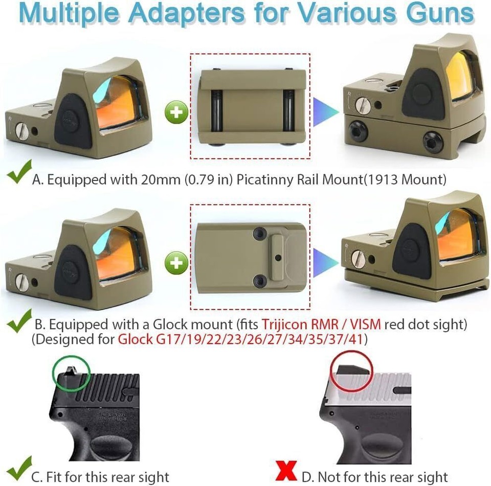 Tactical RMR Red Dot Reflex Sight Collimator Scope For Glock 17 19 w ...