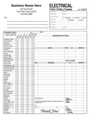1000 Custom Electrical Work Order Invoices / 2 Part Carbonless / 8.5 x ...