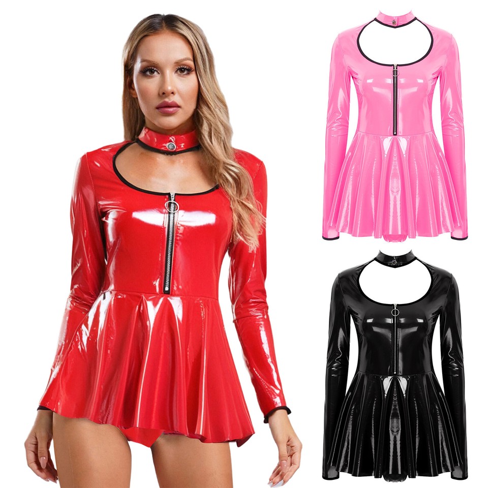 Womens Wet Look PVC Leather Zip Front Mini Dress Skater A-line Dress ...