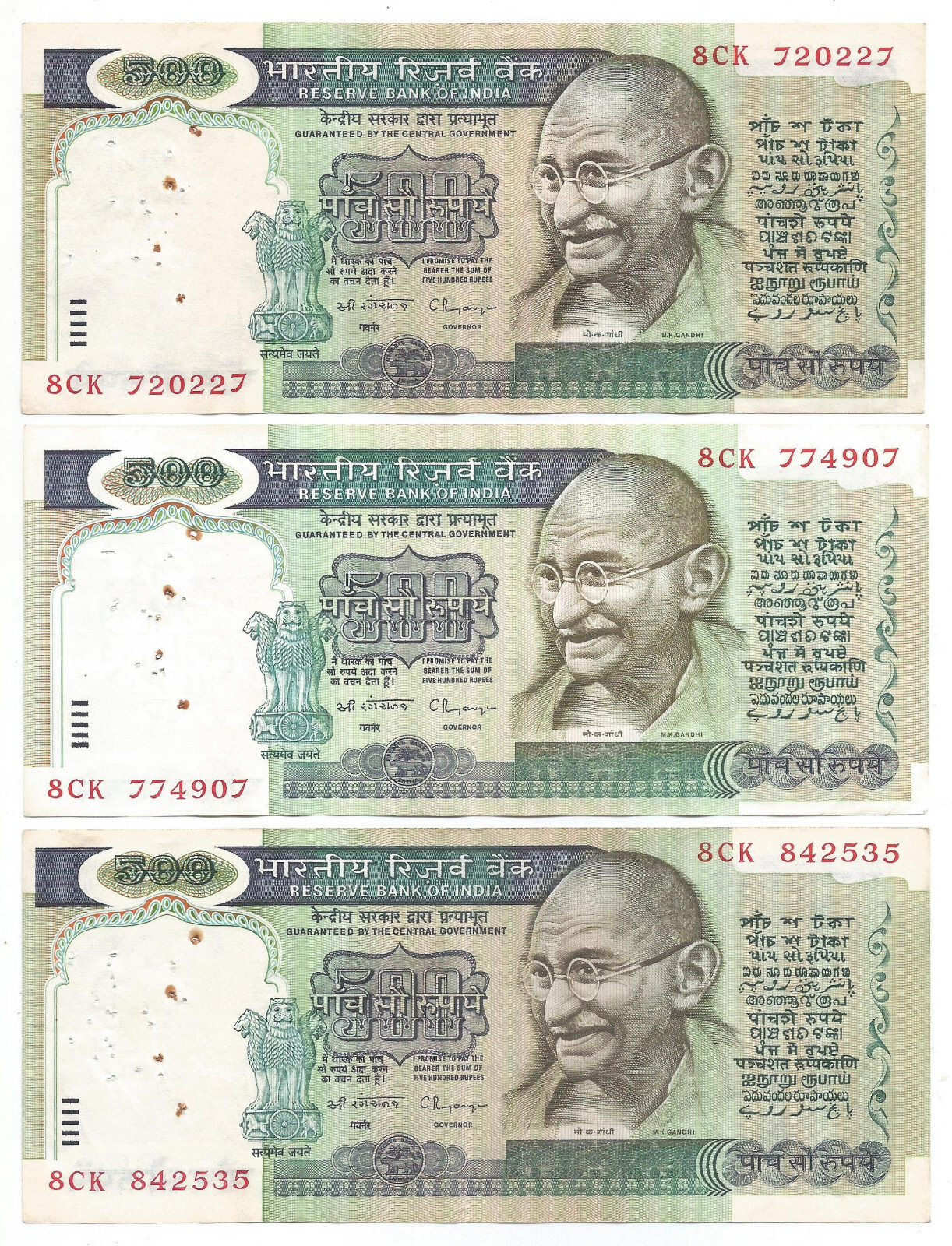 India Rs 500, Set of UNC Notes, H-3, Inset NIL, Prefix 8CK, Dr C ...