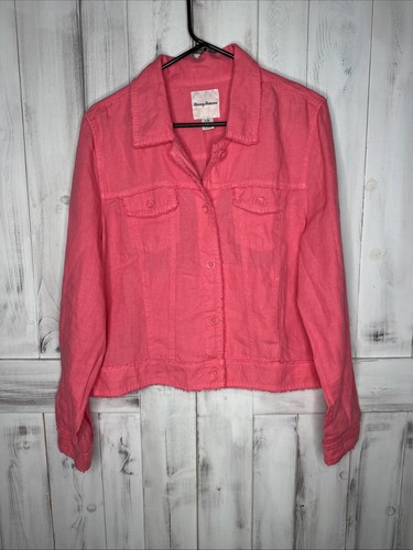 WOMENS TOMMY BAHAMA TWO PALMS 100% LINEN RAW EDGE BUTTON UP JACKET PINK ...